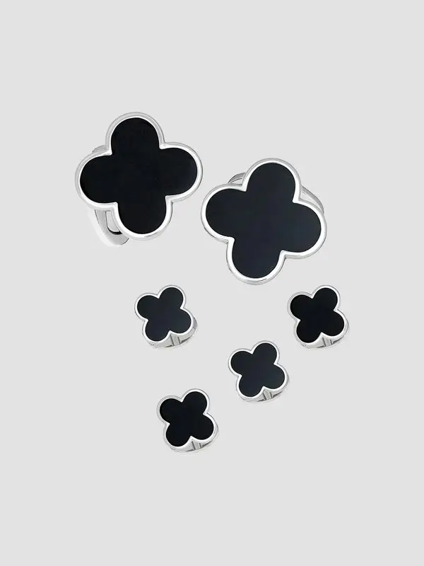 JAN LESLIE Clover Rhodium-plated Onyx 6-piece Cufflinks & Shirt Stud Set - Black