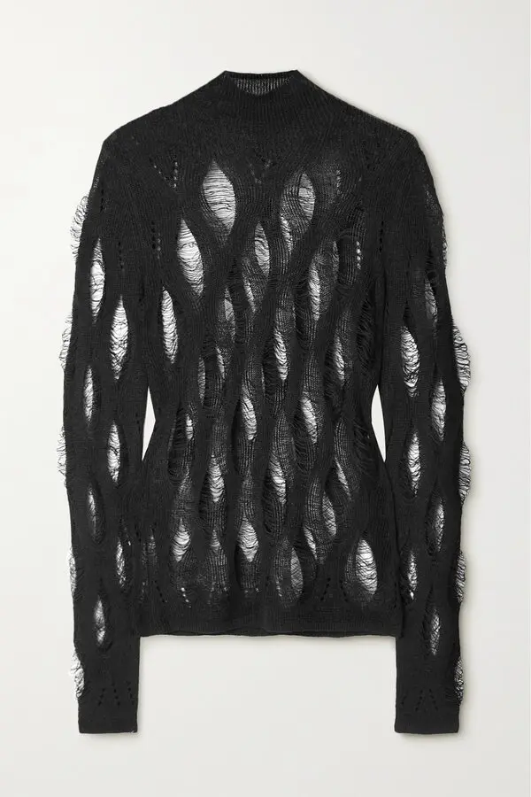 DION LEE Distressed Open-knit Linen-blend Sweater