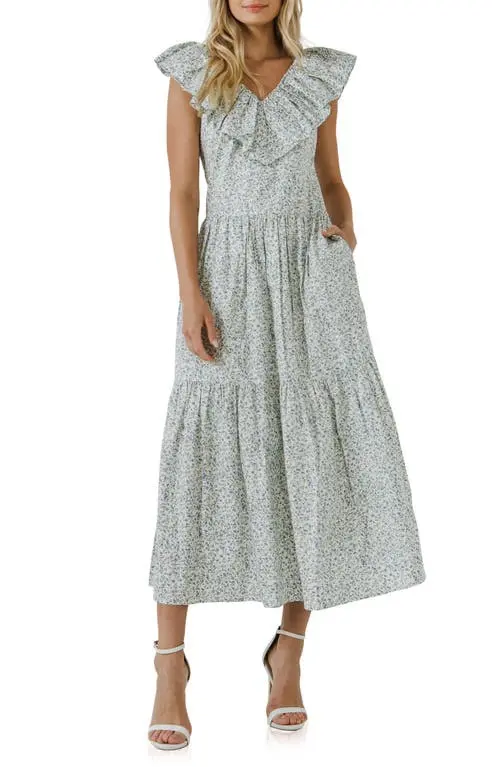 English Factory Floral Ruffle Tiered Midi Dress - Blue Multi