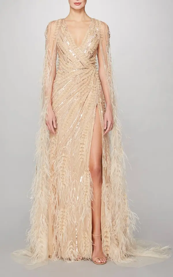 Pamella Roland Feather-Detailed Tulle Caped Gown Only - Neutral