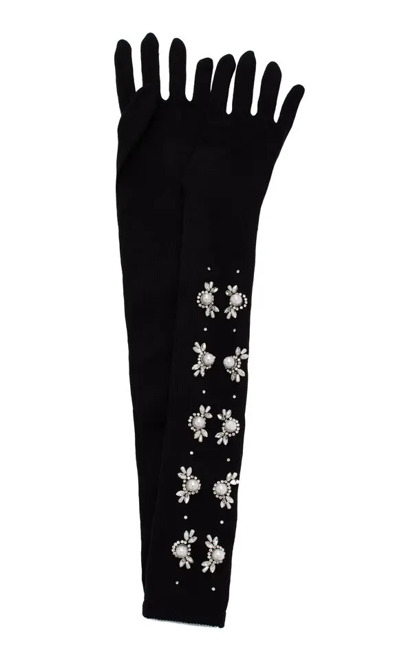 Simone Rocha Long Embellished Ribbed-knit Gloves Os