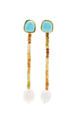 LIZZIE FORTUNATO Twin Palms Beaded Turquoise; Pearl Earrings Gifts For Her - Blue