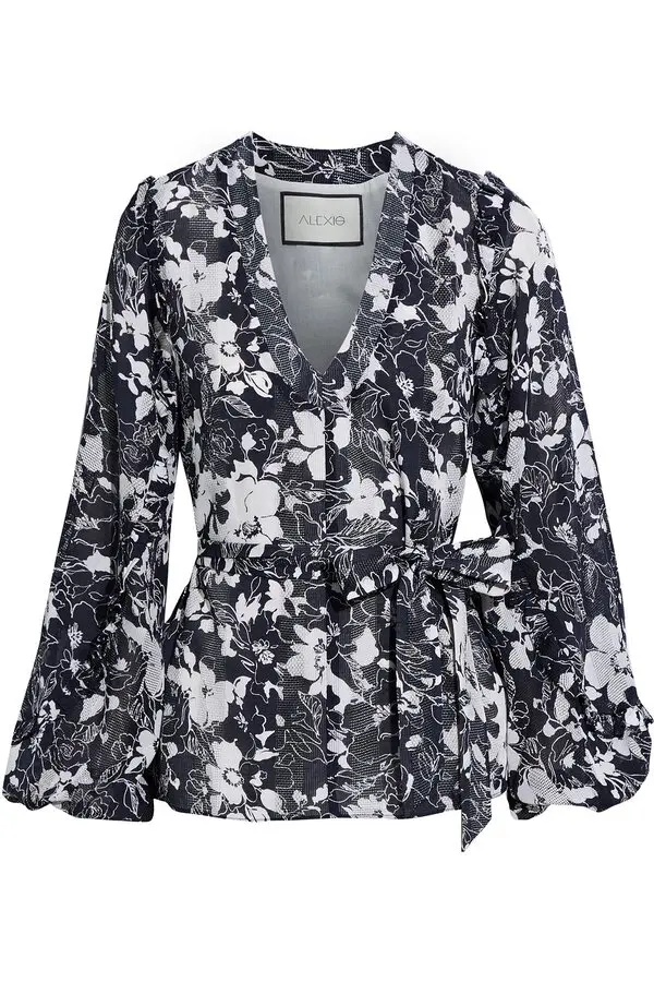 Alexis Belted Floral-print Crochet-paneled Woven Top - Navy