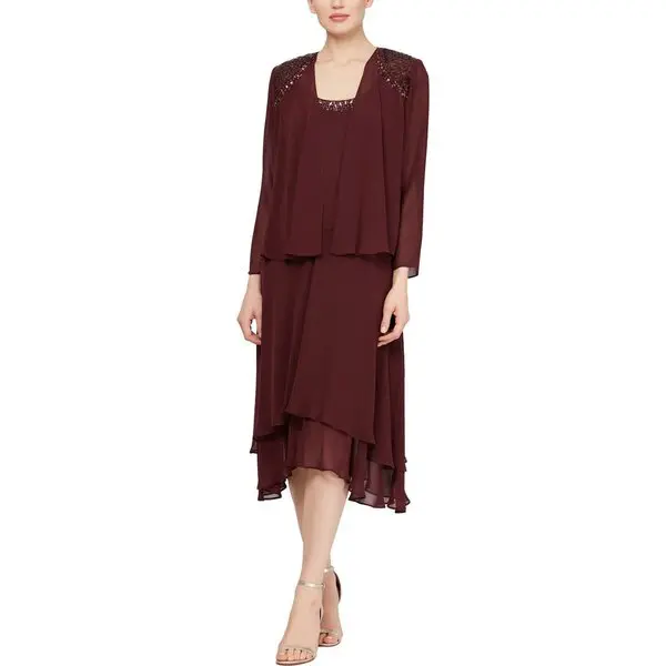 SL FASHIONS Beaded Chiffon Dress With Jacket - Fig
