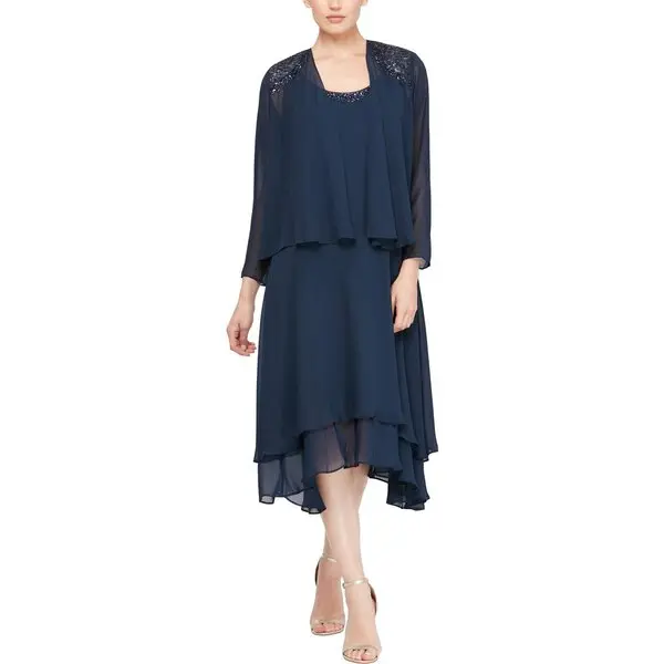 SL FASHIONS Beaded Chiffon Dress With Jacket - Navy