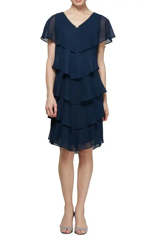 SL FASHIONS Georgette Tiered Dress - Navy