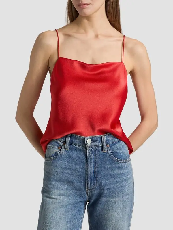Alice + Olivia Harmon Draped Satin Tank Top - Bright Poppy