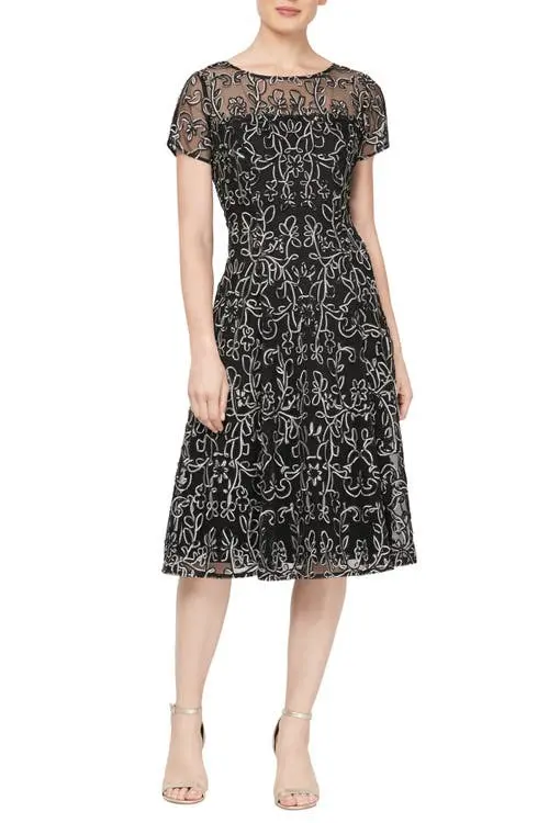 SL FASHIONS Sheer Yoke Soutache Midi Dress