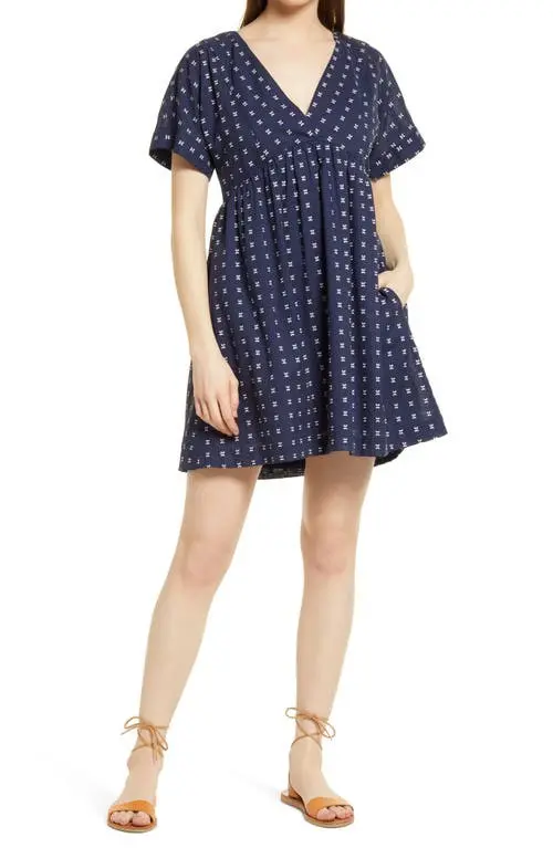 Madewell V-neck Dolman-sleeve Minidress - Blue/ White Dobby