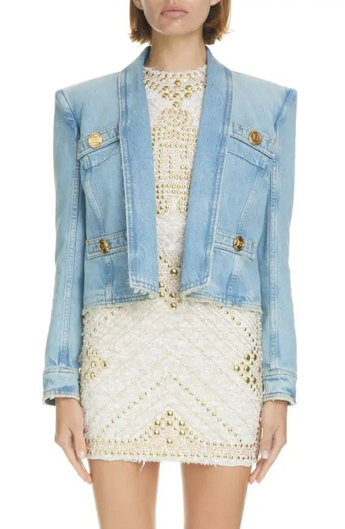 Balmain Four Button Denim Spencer Jacket - 6fc Bleu Jean Clair