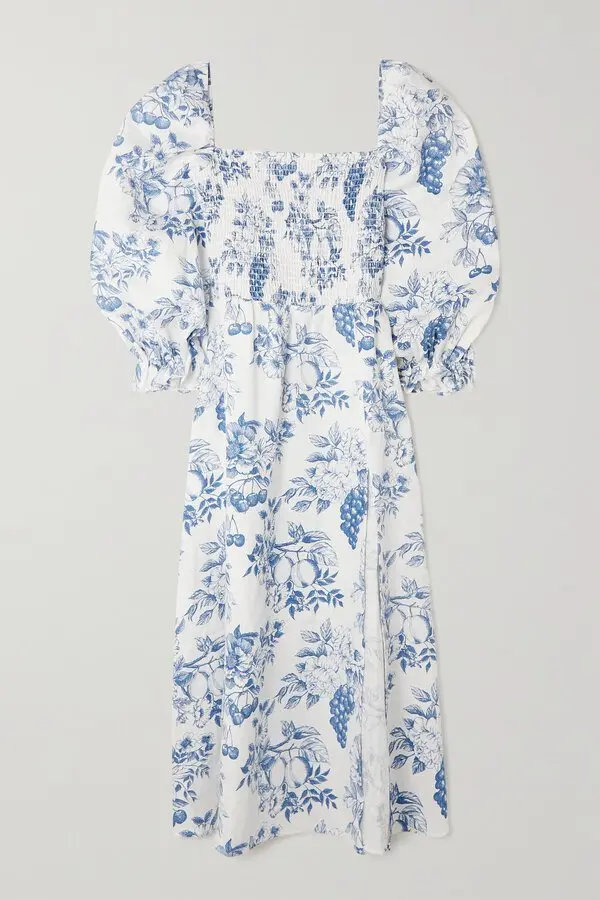 Reformation Gitane Shirred Floral-Print Linen Midi Dress - Blue |  Editorialist