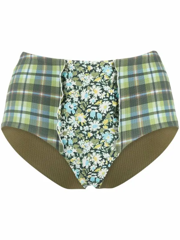 Marysia Plaid And Floral Print Bikini Bottoms - Green