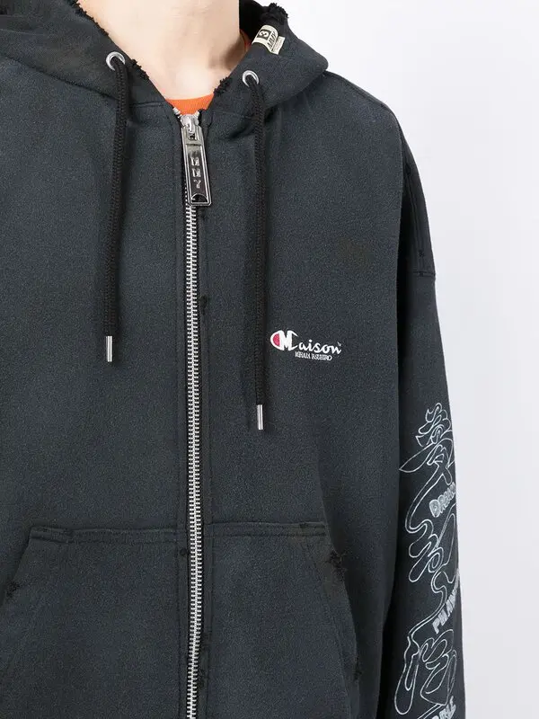トップス MIHARA YASUHIRO coating zip hoodie black Mihara Yasuhiro Graphic-Print Zipped Hoodie In Black - 50% Off