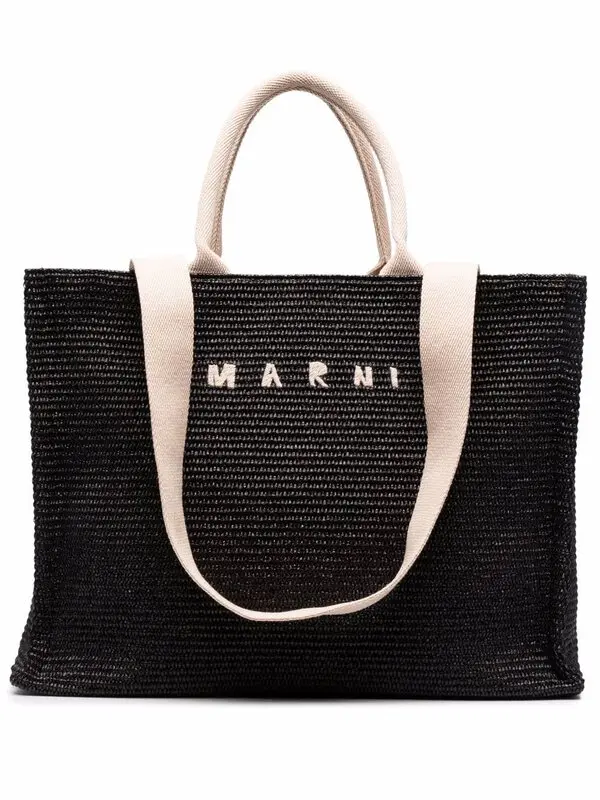 Marni Logo-embroidered Raffia Tote Bag - Black