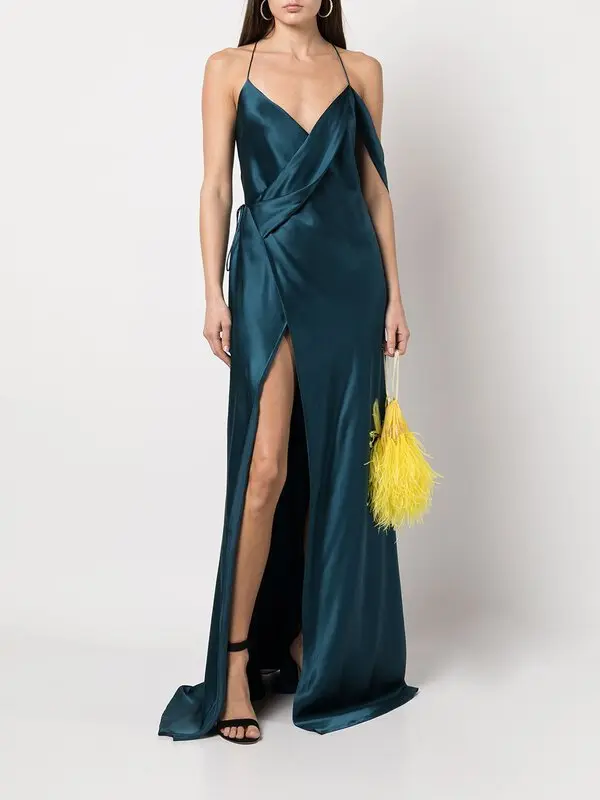 Michelle Mason V-neck Silk Gown With Slit Detailing - Blue