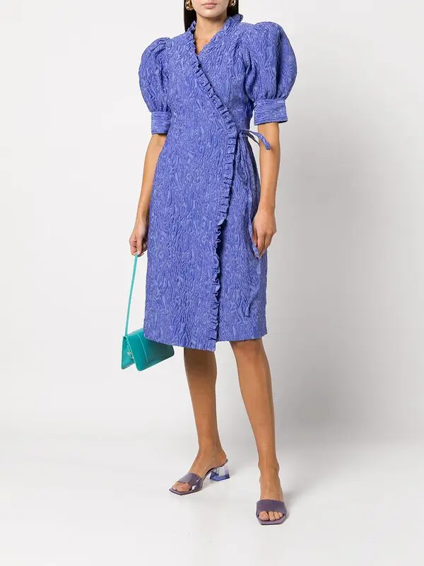 ganni blue wrap dress Crinkled Satin Mini Wrap Dress