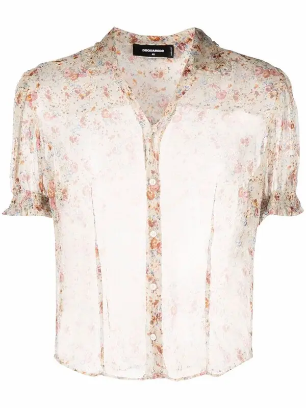 Dsquared2 Sheer Puff-sleeve Floral-print Shirt - Neutrals