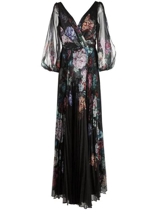 Marchesa Floral-print Pleated Tulle Gown