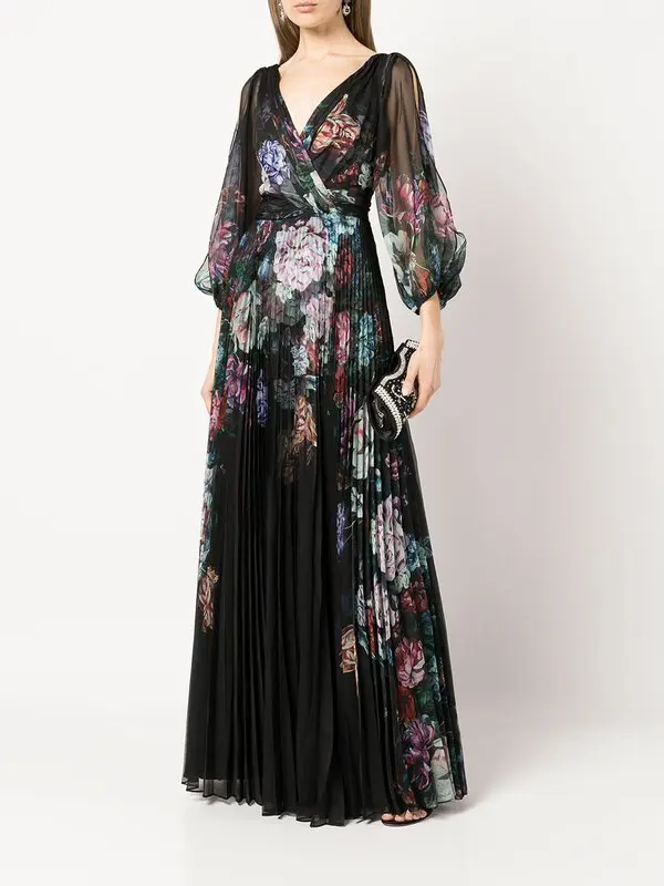 Marchesa Floral-print Pleated Tulle Gown