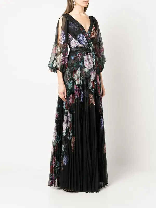 Marchesa Floral-print Pleated Tulle Gown