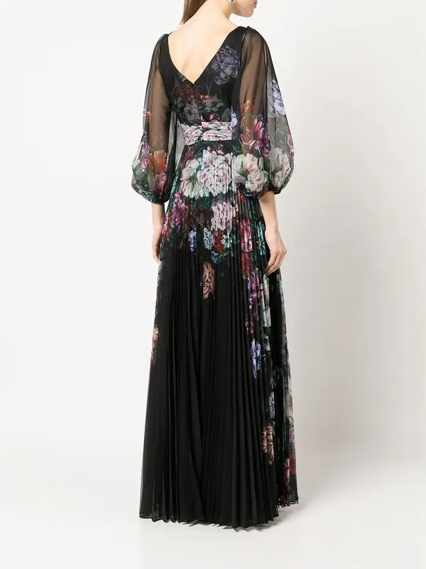 Marchesa Floral-print Pleated Tulle Gown
