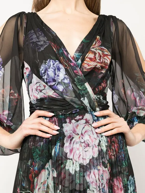 Marchesa Floral-print Pleated Tulle Gown