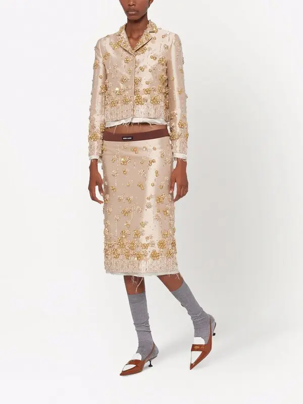 Miu Miu Flower-Embellished Silk-Wool Midi Skirt - Neutrals