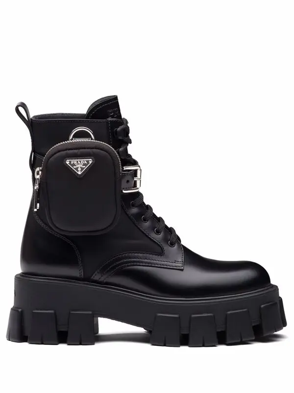 Prada Monolith Leather Ankle Boots - Black