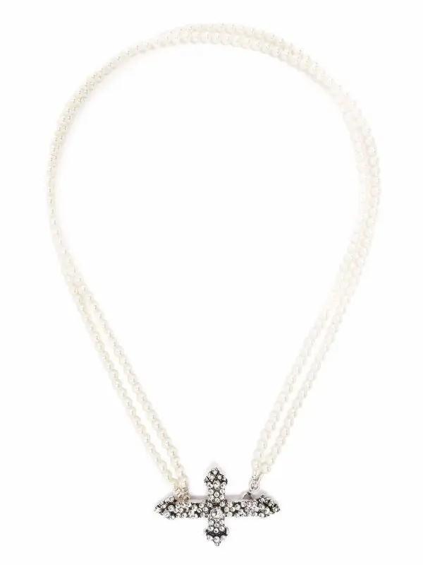 Saint Laurent Double Row Pearl Cross Necklace - Silver | Editorialist