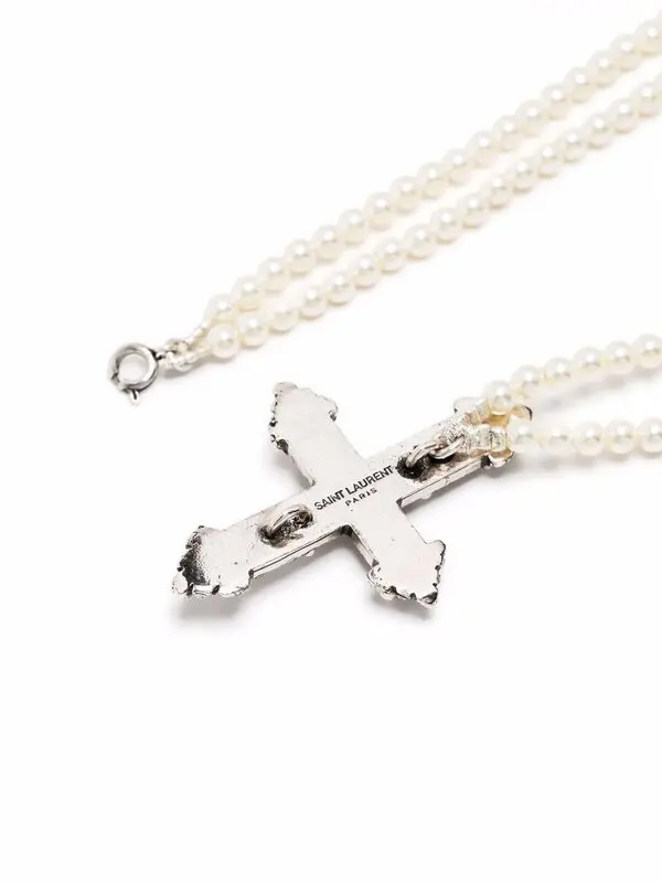 Saint Laurent Double Row Pearl Cross Necklace - Silver | Editorialist