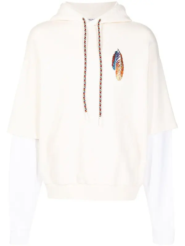 COUNTY OF MILAN Feather Embroidery Layered-sleeve Hoodie - Neutrals