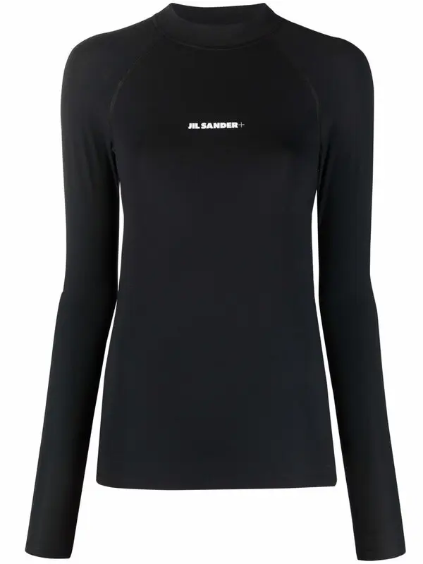 JIL SANDER Long Sleeve Logo Print Mock Neck Top - Black