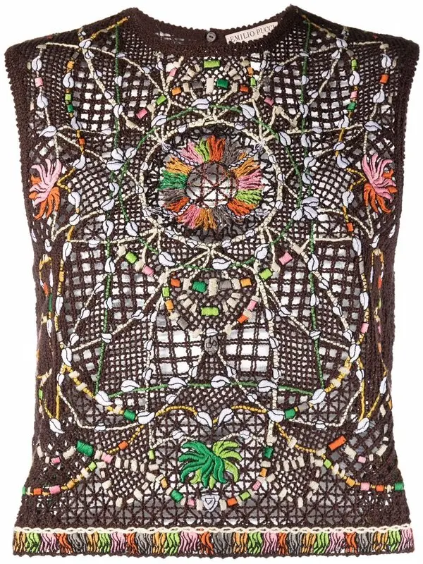 Emilio Pucci Cyprea Embroidered Crochet Blouse - Brown