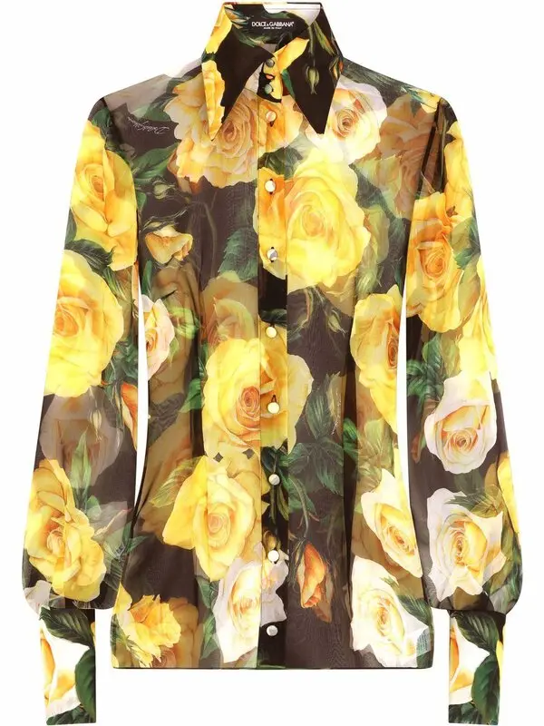 Dolce & Gabbana Rose-print Silk Georgette Shirt - Black