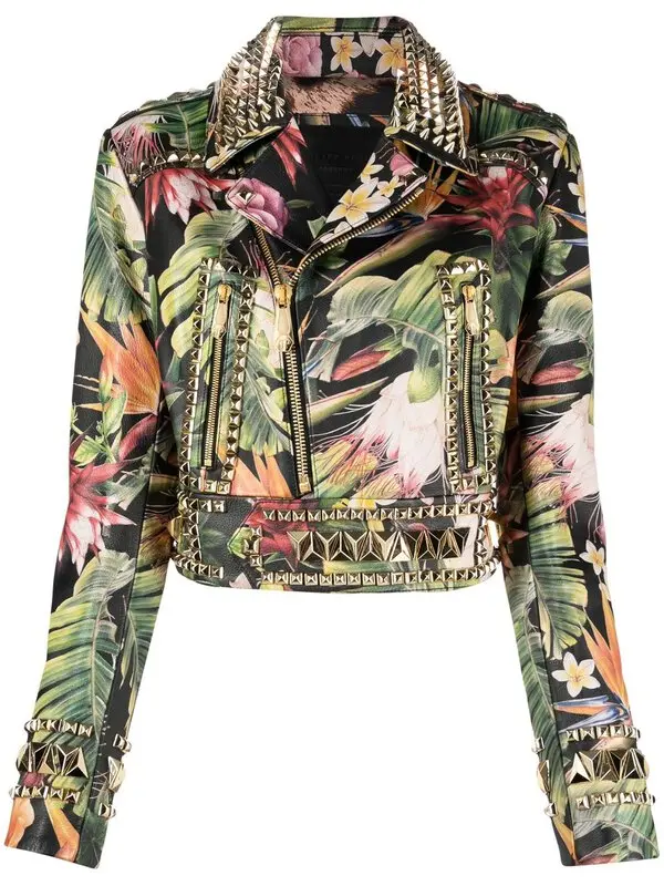 Philipp Plein Floral-print Studded Biker Jacket - Green