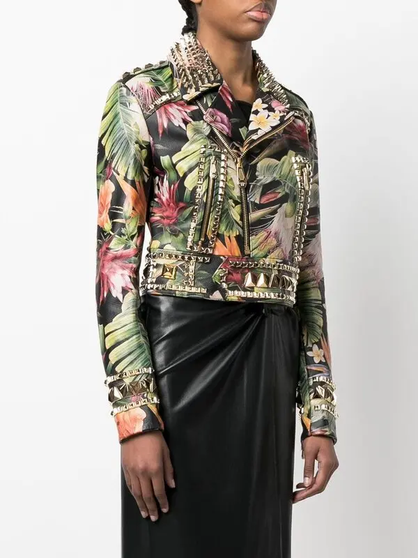Philipp Plein Floral-print Studded Biker Jacket
