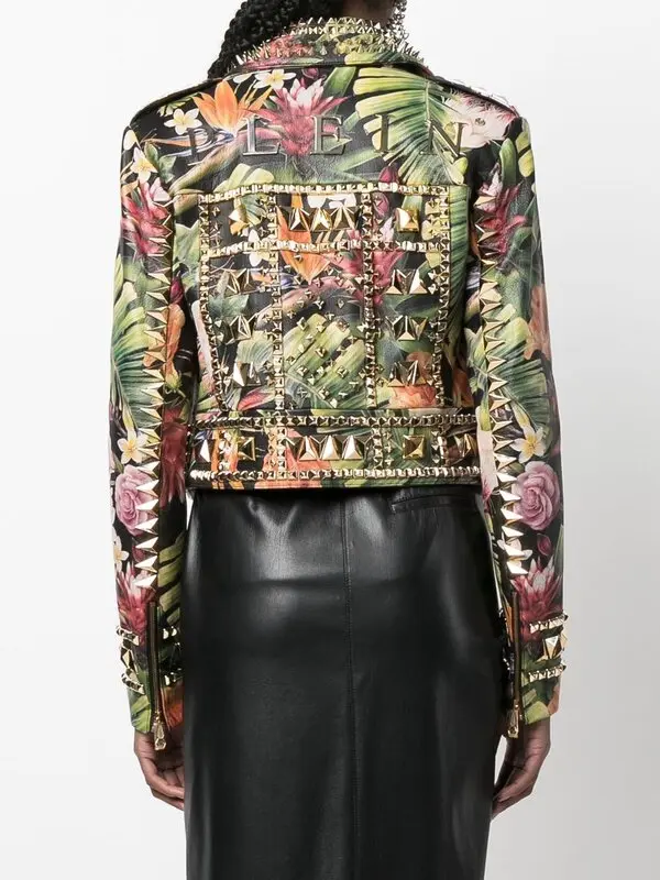 Philipp Plein Floral-print Studded Biker Jacket