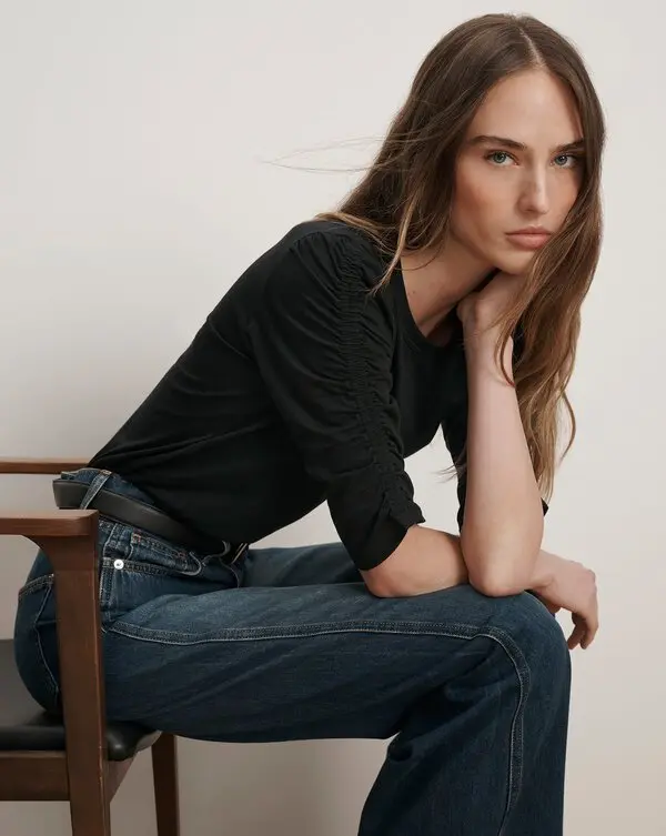 Veronica Beard Waldorf Ruched-sleeve T-shirt - Black