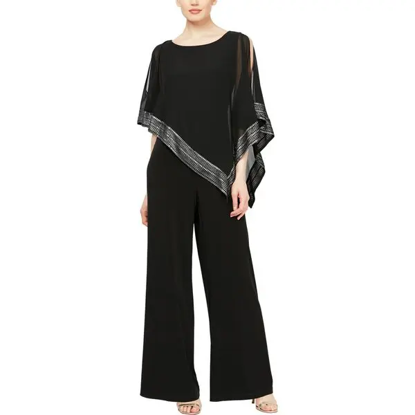 SL FASHIONS Foil Trim Asymmetric Capelet Jumpsuit - Black