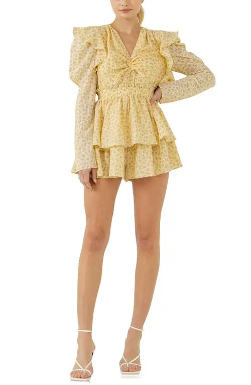 Endless Rose Floral Ruched Long Sleeve Mini Dress - Yellow