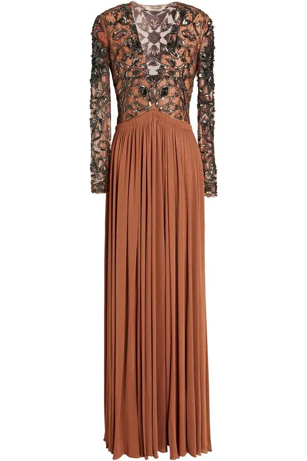 Roberto Cavalli Embellished Tullepaneled Pleated Knitted Maxi Dress - Light Brown
