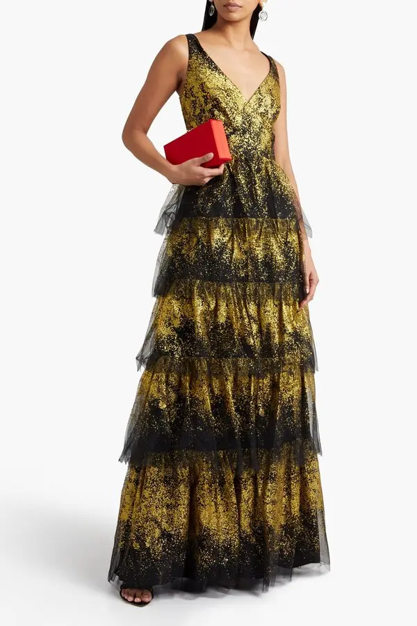 marchesa black and gold dress Joanna Metallic Knit Maxi Dress – Gina Bacconi