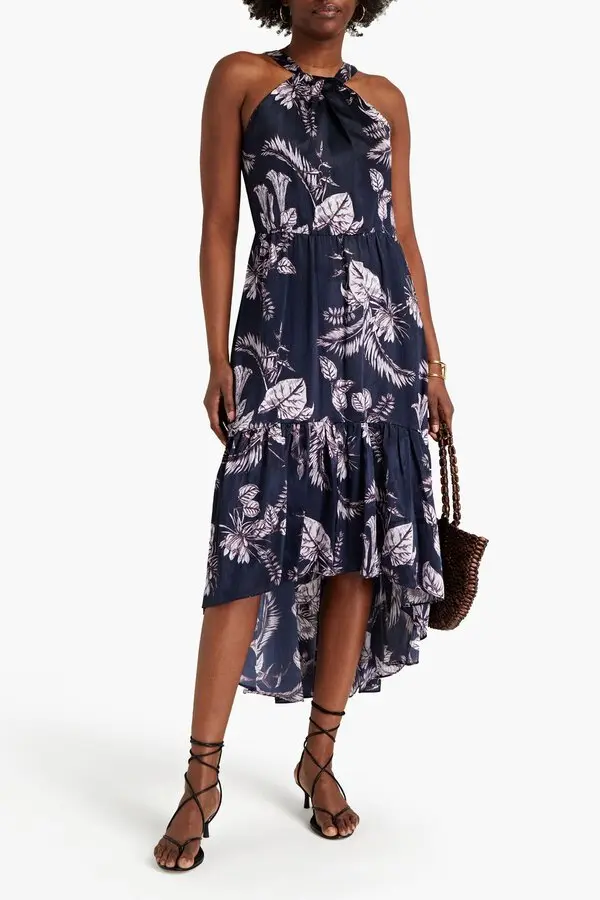 Marchesa Gathered Printed Satin Midi Dress - Navy
