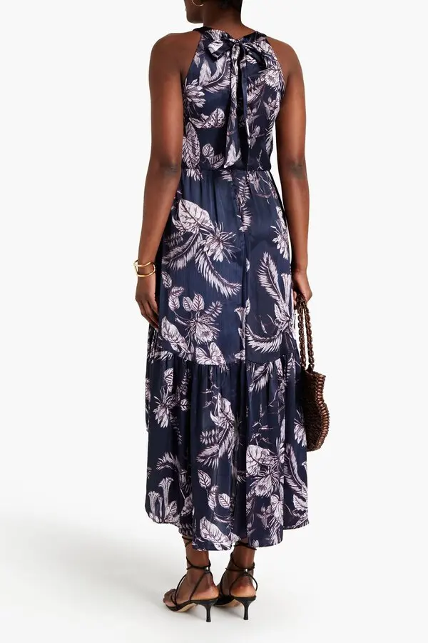 Marchesa Gathered Printed Satin Midi Dress - Navy