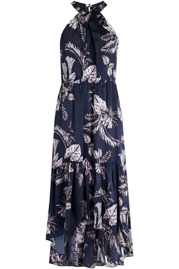Marchesa Gathered Printed Satin Midi Dress - Navy