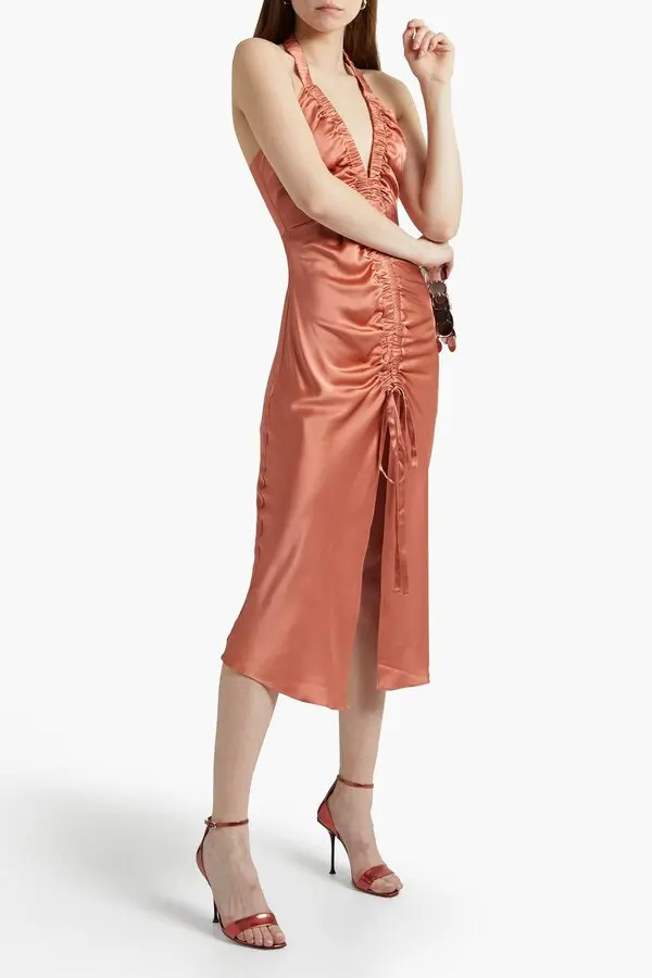NICHOLAS Ruched Silksatin Halterneck Midi Dress - Antique Rose