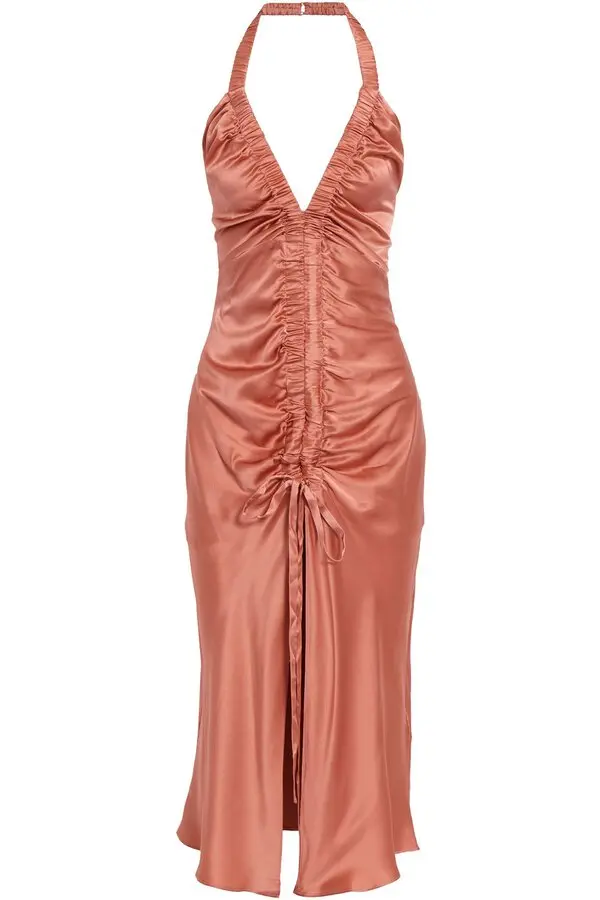 NICHOLAS Ruched Silk-satin Halterneck Midi Dress