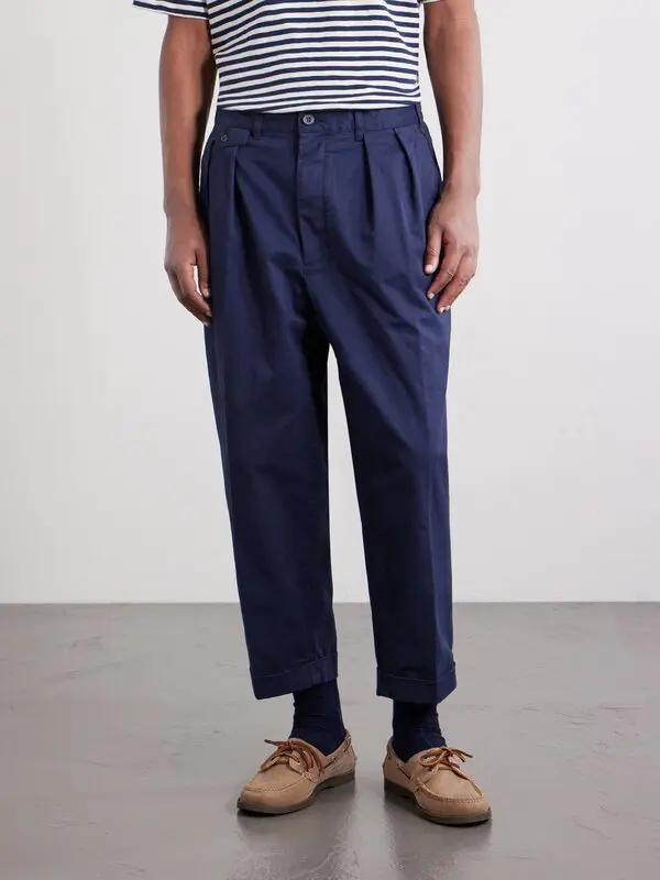 BEAMS Tapered Cropped Pleated Cotton-blend Twill Trousers - Blue