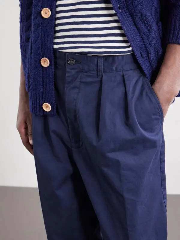 BEAMS Tapered Cropped Pleated Cotton-blend Twill Trousers - Blue