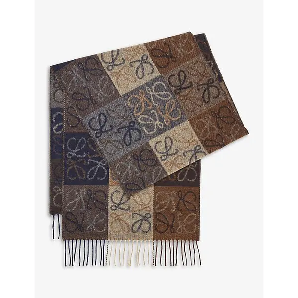 Loewe Anagram Wool And Cashmere-blend Scarf - Navy/brown